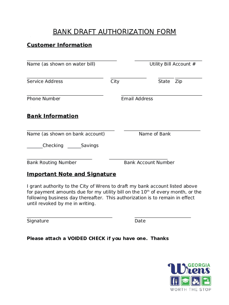 Bank Draft Authorization for Monthly Water Bill Pay Doc Template | pdfFiller