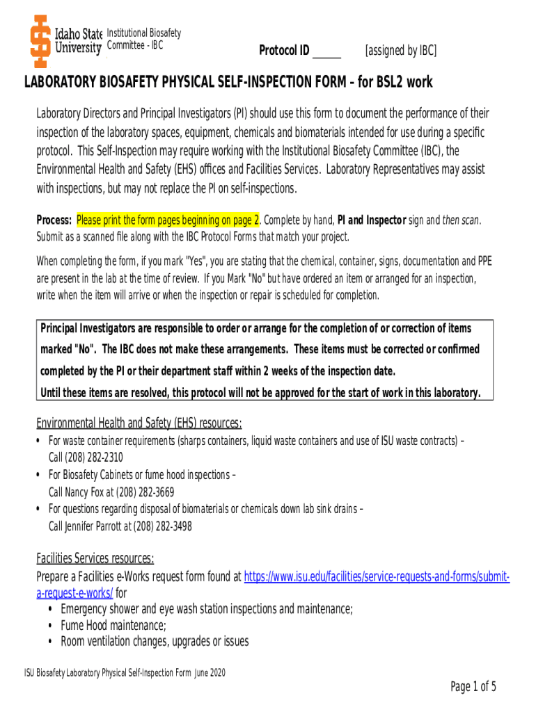 Idaho State University Institutional Biosafety Committee Laboratory Biosafety Physical Self ...