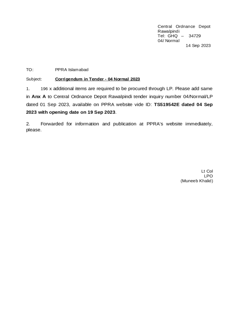 corrigendum tender no 04/ normal/lp open on 19 sep 2023 Doc Template | pdfFiller