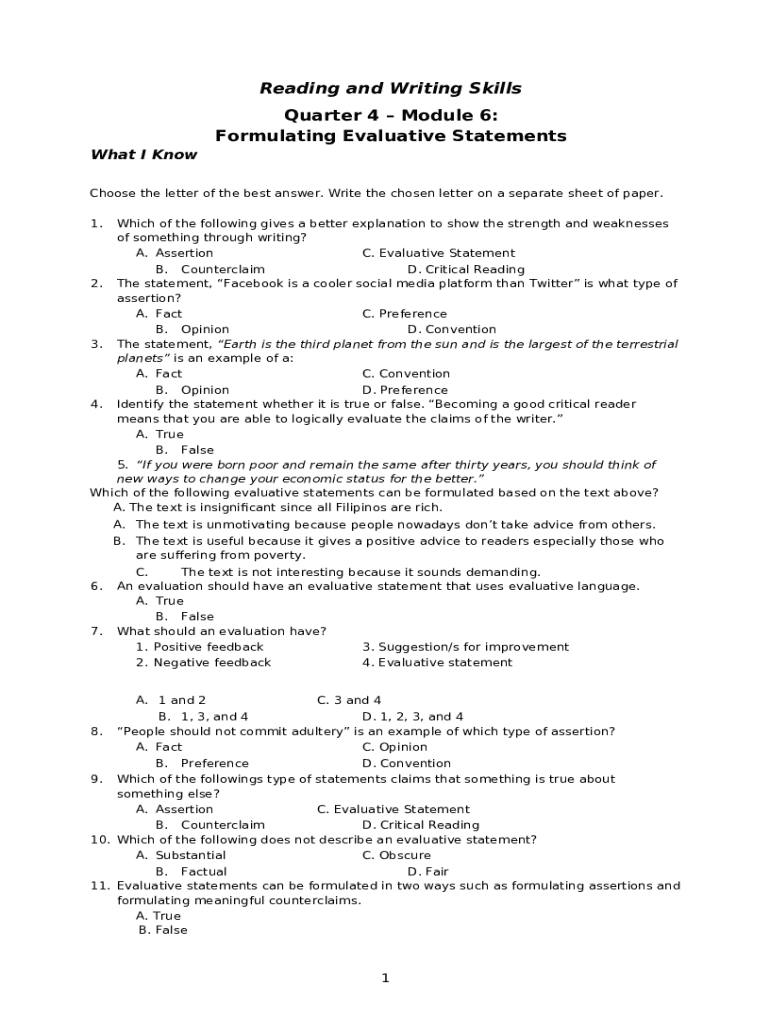 To assess the Student's Output on the Evaluative Statements Doc ...