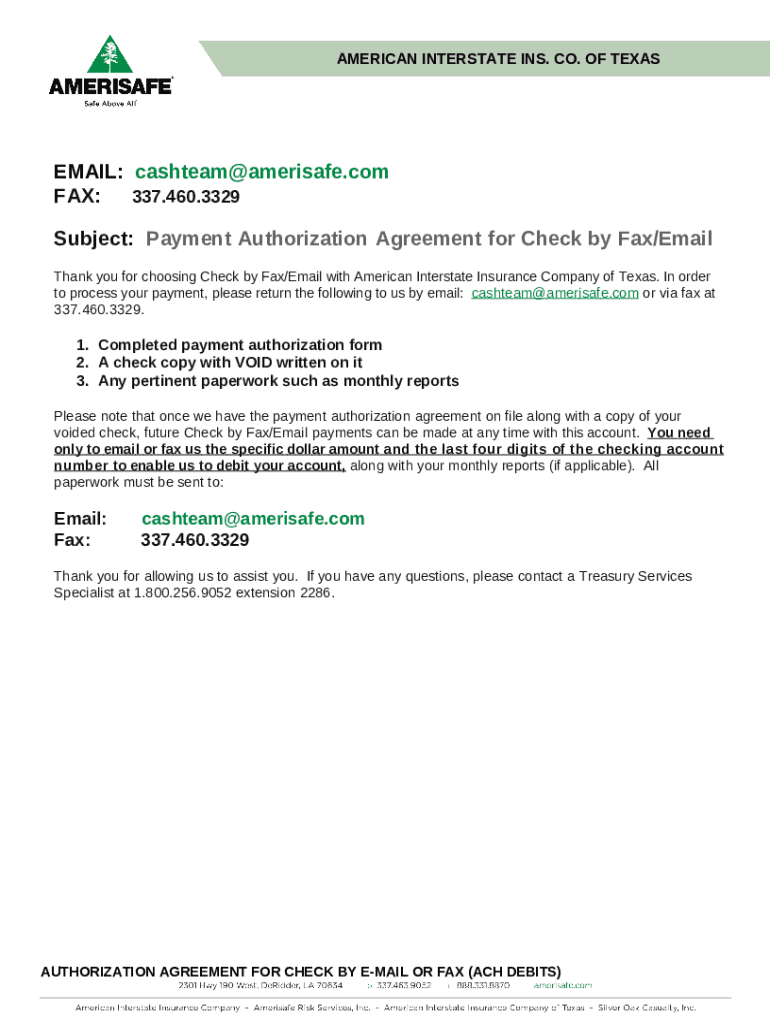 Payment Authorization Agreement for Check by Fax/Email Doc Template ...