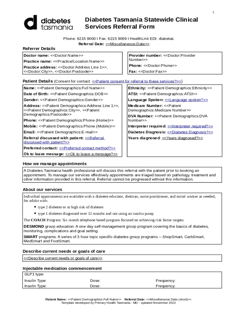 Patient Referral - Diabetes Health Centre Doc Template | pdfFiller
