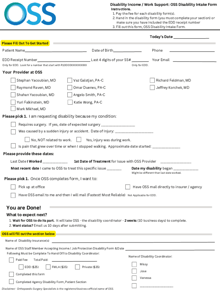Fillable Online OSS Disability Intake Form. - Orthopaedic Surgery ...