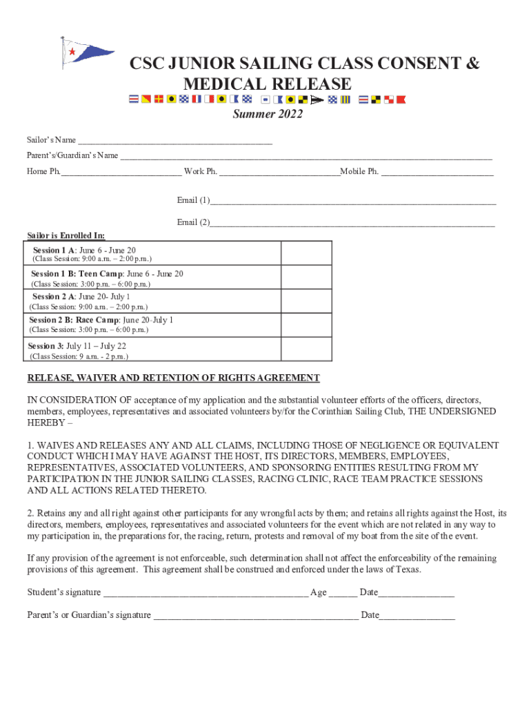 Fillable Online CSC JUNIOR SAILING CLASS CONSENT & MEDICAL ... Fax Email Print - pdfFiller