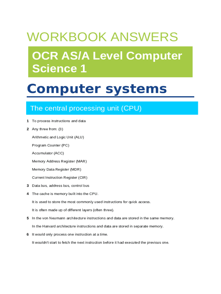 OCR A - Level Computer Science Chapter 1 - Processor ... Doc Template | pdfFiller