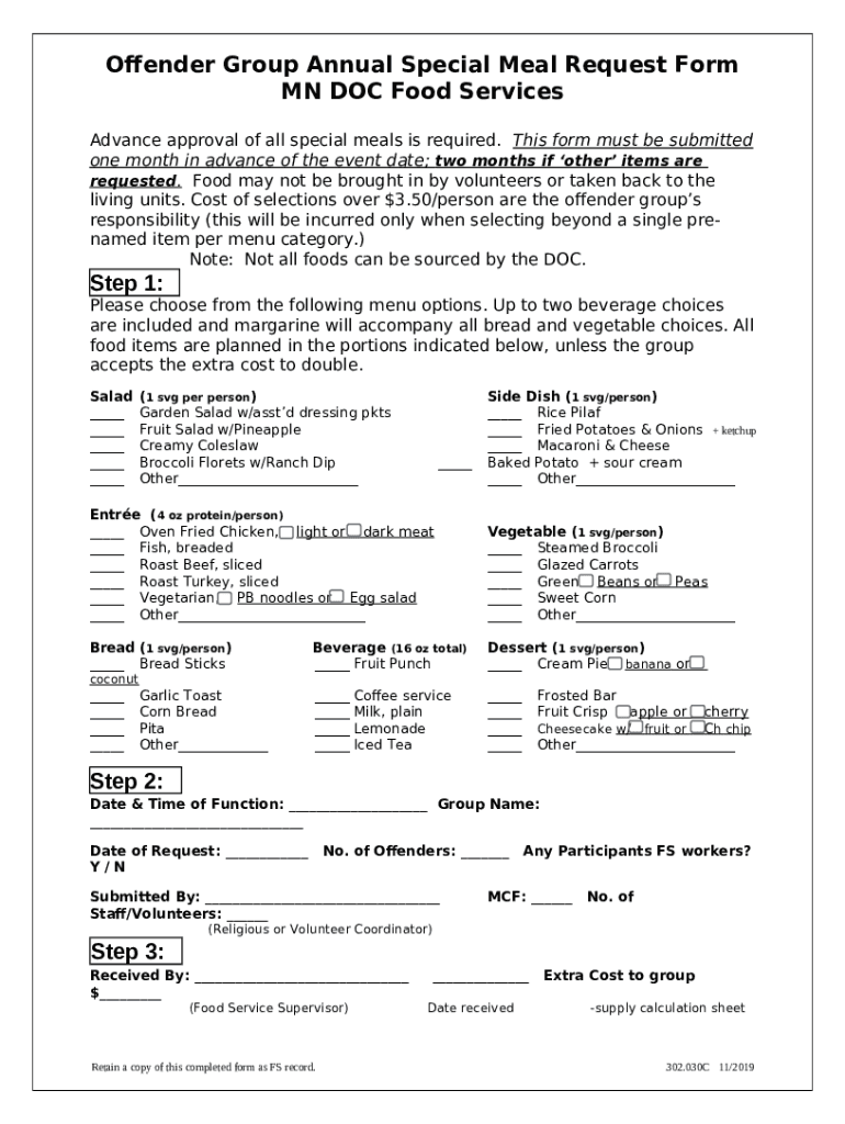 302.030C - Special Meal Request Doc Template | pdfFiller