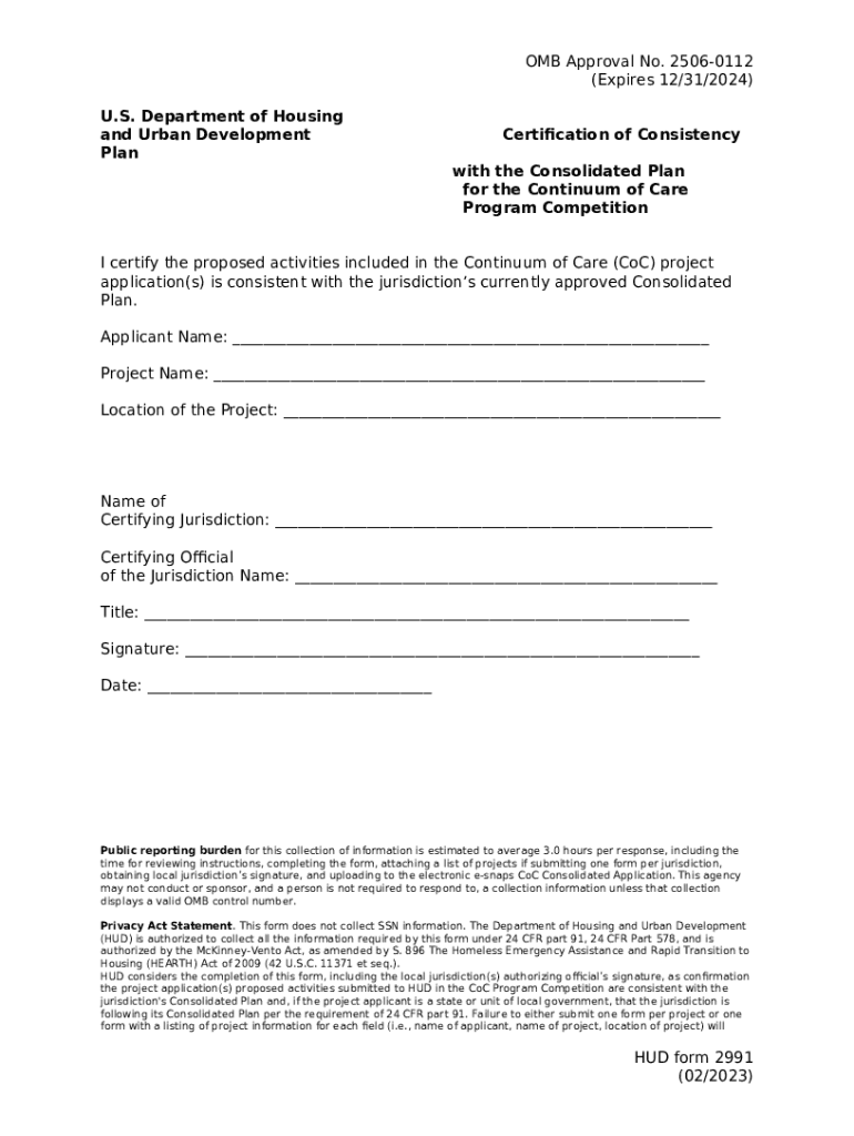 HUD 2991 Certification of Consistency with the ... Doc Template | pdfFiller