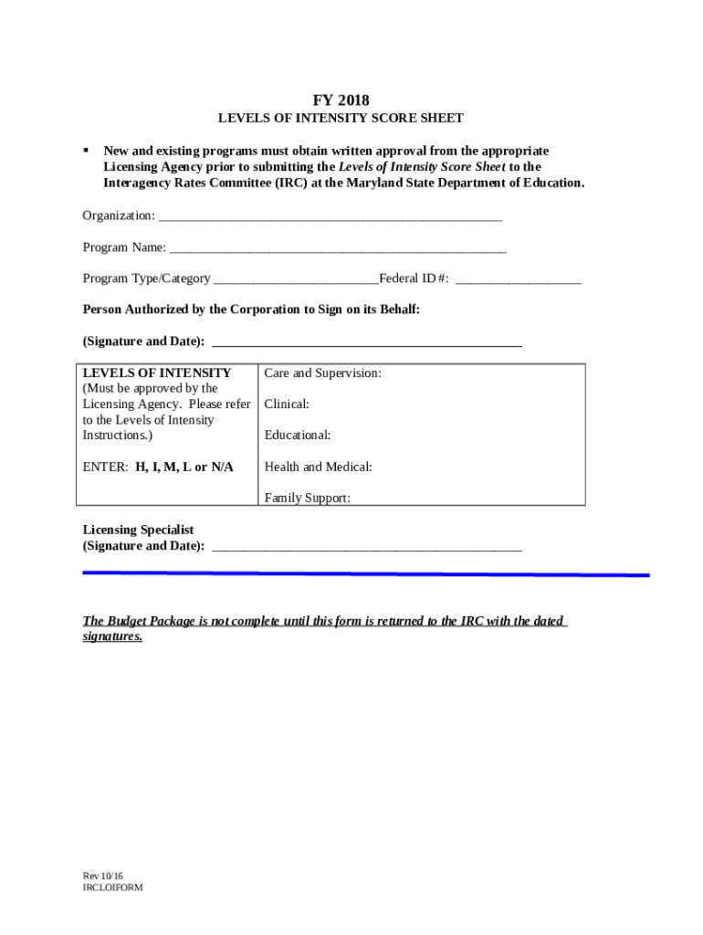 INTENSITY LEVEL SCORE SHEET Doc Template | pdfFiller
