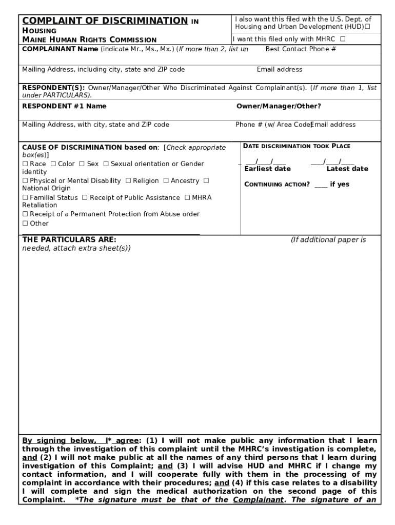Complaint Of Discrimination in Housing Doc Template | pdfFiller