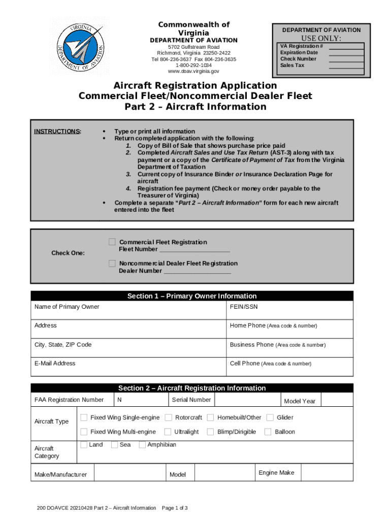 Aircraft Registration sVA Department of Aviation - doav virginia Doc ...