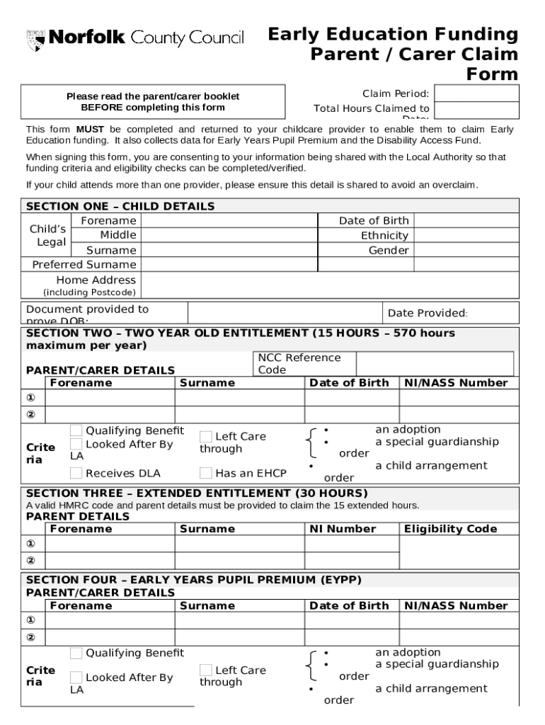 Early Education Funding Parent / Carer Claim Doc Template | pdfFiller