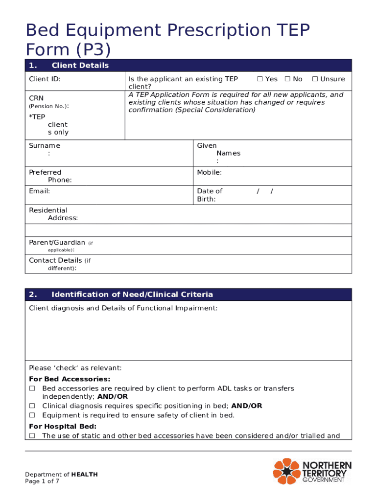 Bed Equipment Prescription TEP (P3) Doc Template | pdfFiller