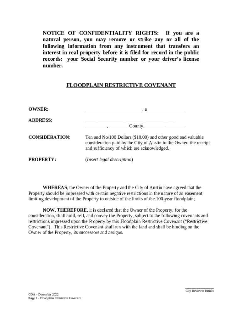 FLOODPLAIN RESTRICTIVE COVENANT Doc Template | pdfFiller
