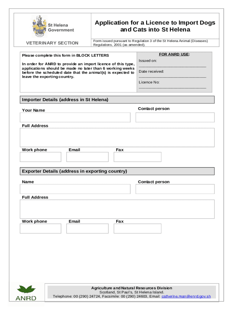 Application for a Licence to Import Dogs and Cats into ... Doc Template | pdfFiller