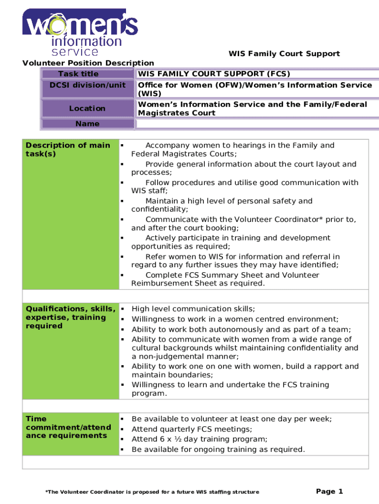 WIS Family Court Support Volunteer Position Description ...