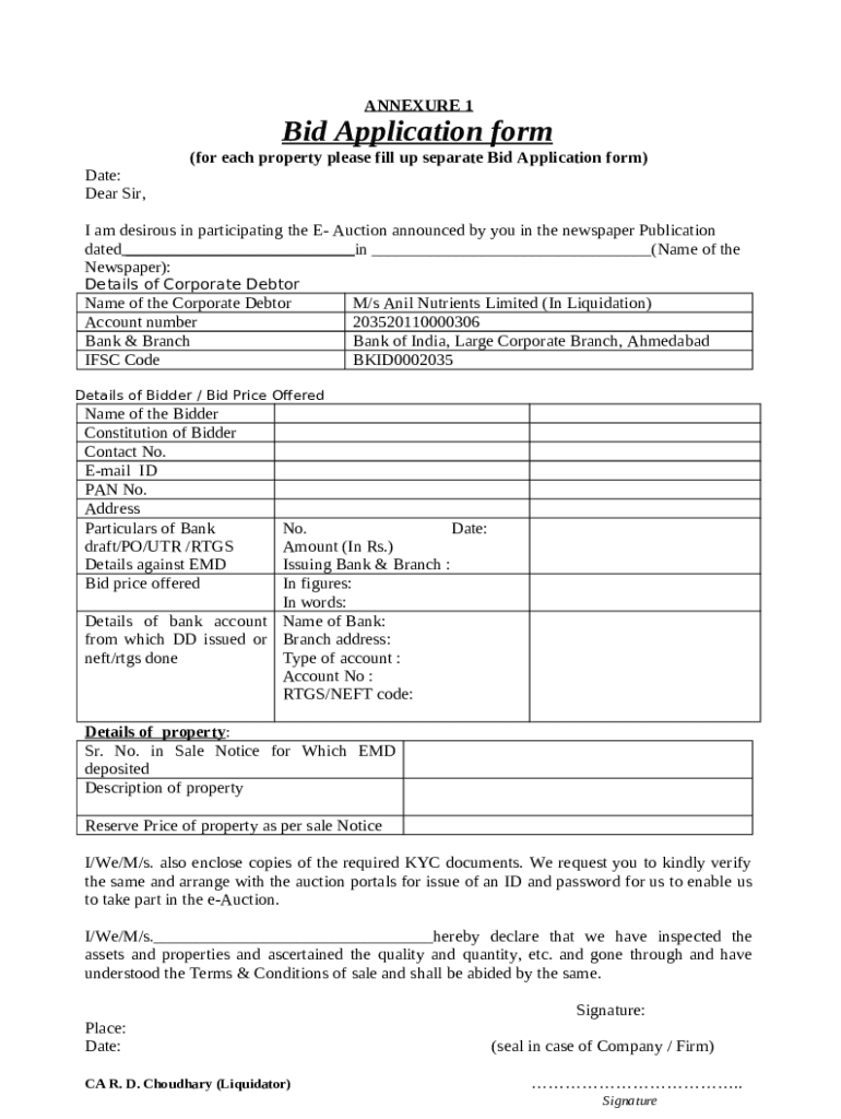 ANNEXURE I BID Application (Please fill up separate Bid ... Doc Template | pdfFiller