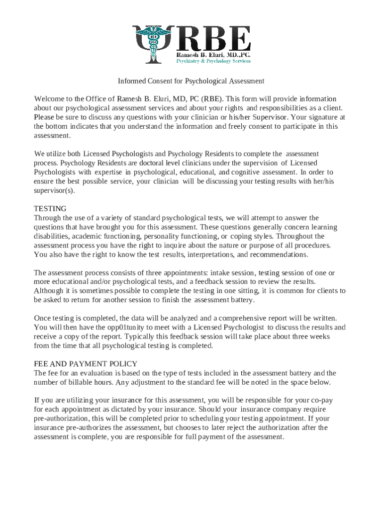 Psych Assesment Consent PDF Doc Template | pdfFiller