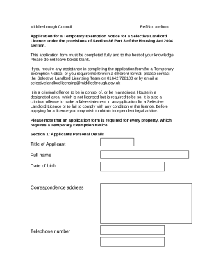Selective licensing temporary exemption notice application ... Doc Template | pdfFiller