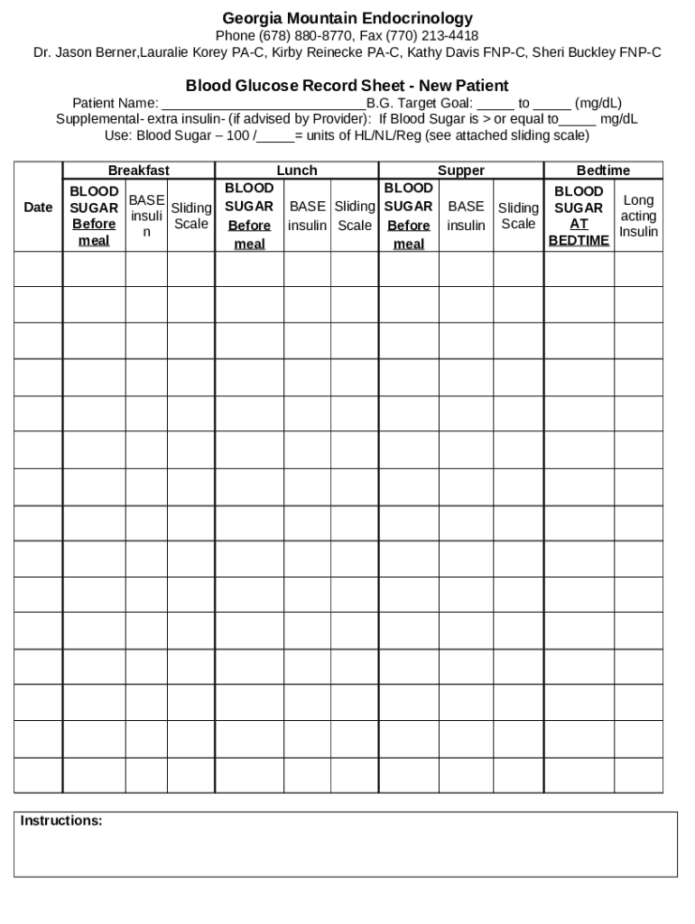 Blood Glucose Record Sheet - New Patient Doc Template | pdfFiller