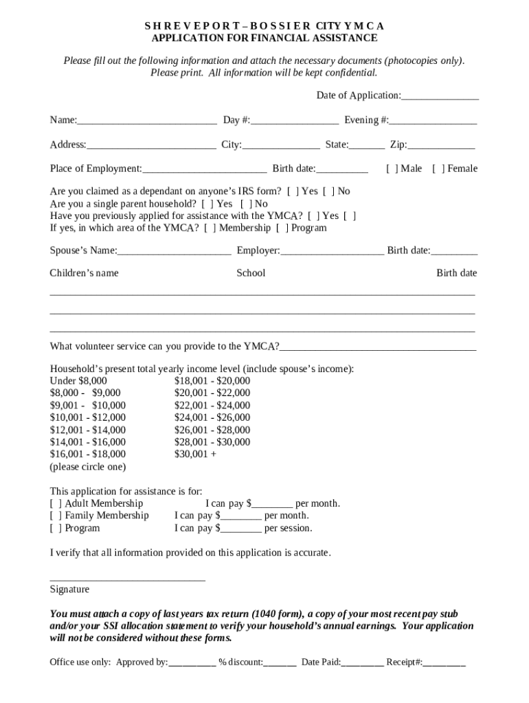 YMCA Financial Assistance Membership Application Doc Template | pdfFiller
