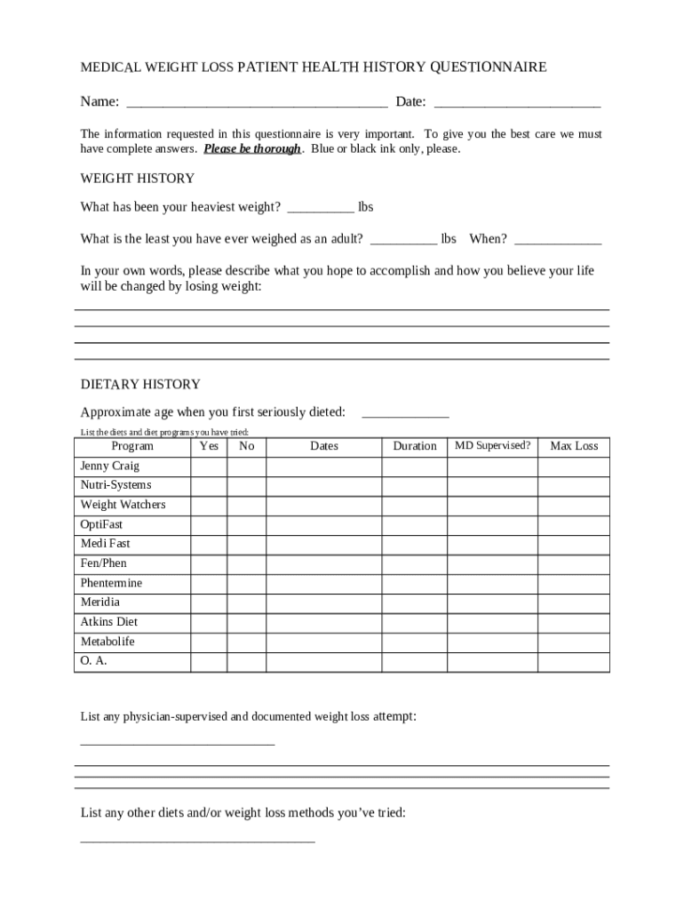 Patient Weight Loss & Medical History Questionnaire NAME Doc Template ...