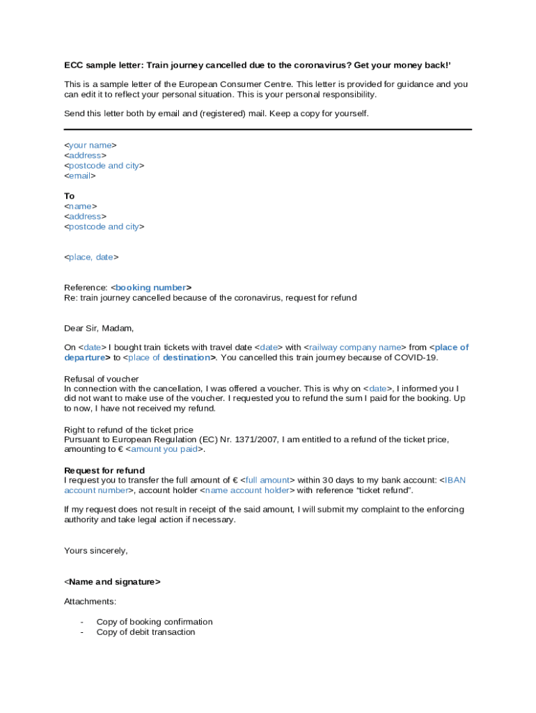 Template letter ECC: flight cancelled due to the corona virus. Doc Template | pdfFiller