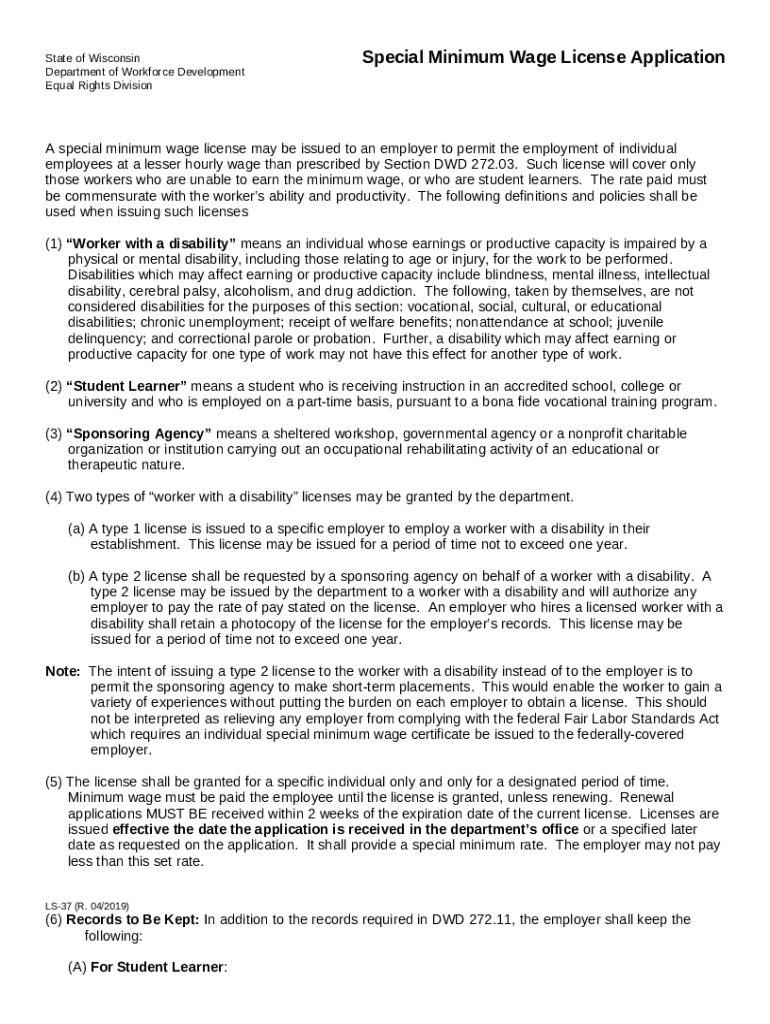 LS-37-E, Application for a Special Minimum Wage License - dwd wisconsin Doc Template | pdfFiller