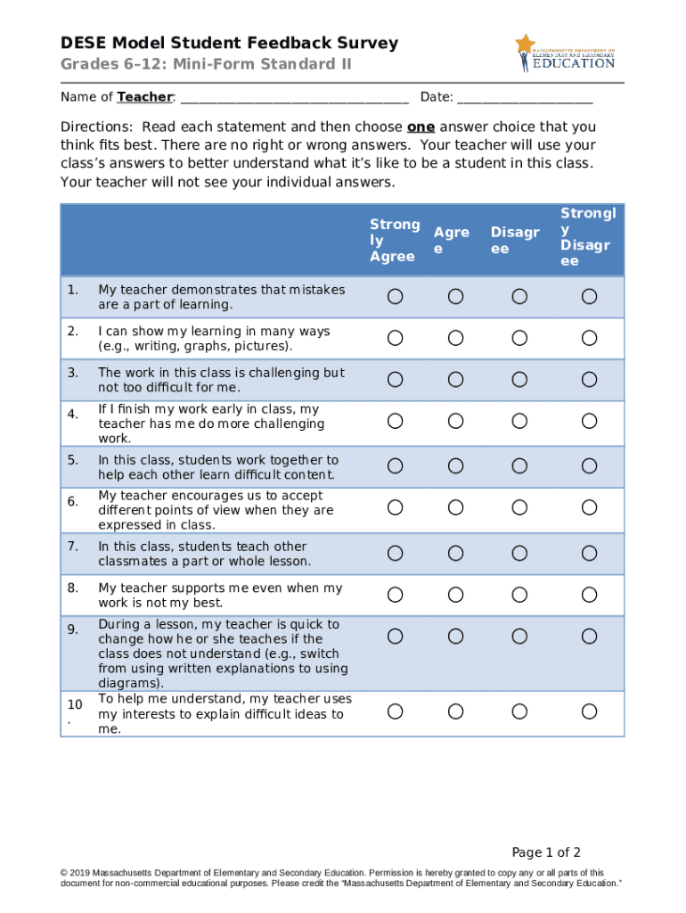 Grades 6-12: DESE Model Survey Mini Standard II Doc Template | pdfFiller