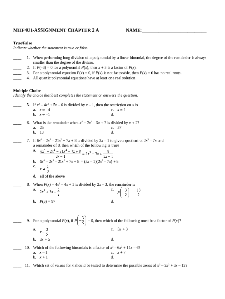 Solved MHF4U Assignment 2 Division of Polynomials Inquiry Doc Template | pdfFiller
