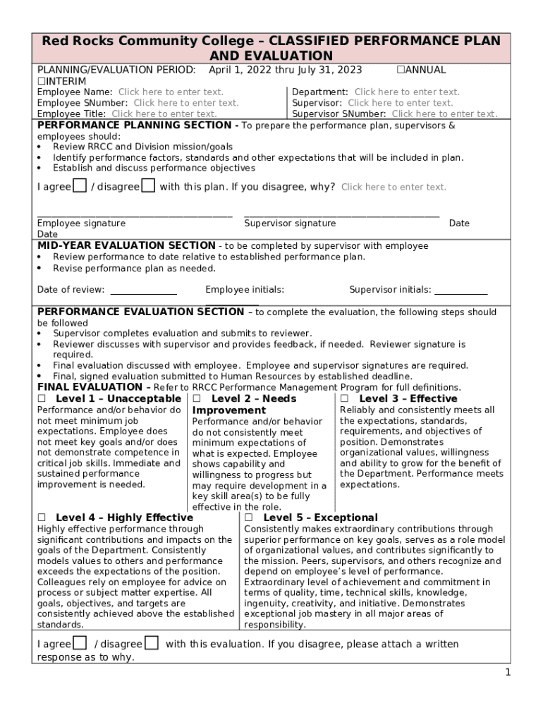 CLASSIFIED PERANCE PLAN AND EVALUATION Doc Template | pdfFiller