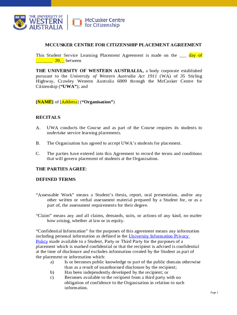 Student Service Learning Agreement Doc Template | pdfFiller