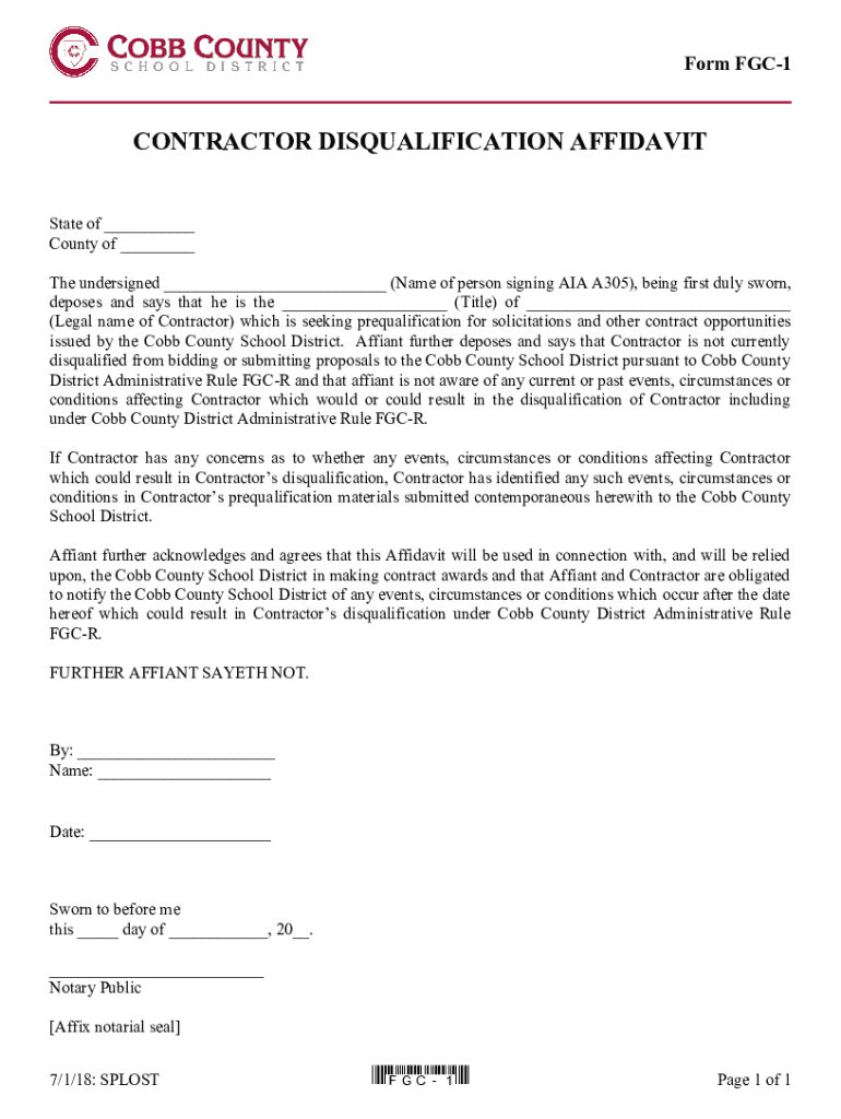 CONTRACTOR DISQUALIFICATION AFFIDAVIT Doc Template | pdfFiller