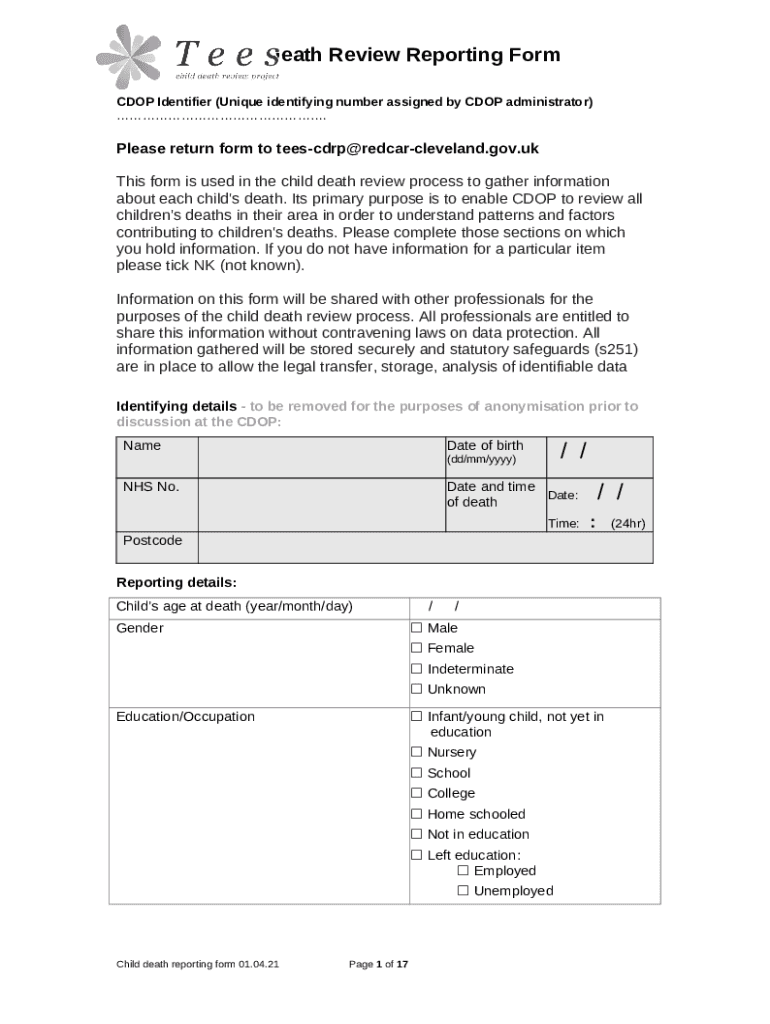 Child death reviews: s for reporting child deaths Doc Template | pdfFiller