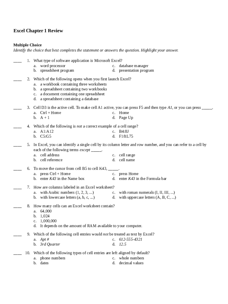 Excel Chapter 1 Review Doc Template | pdfFiller