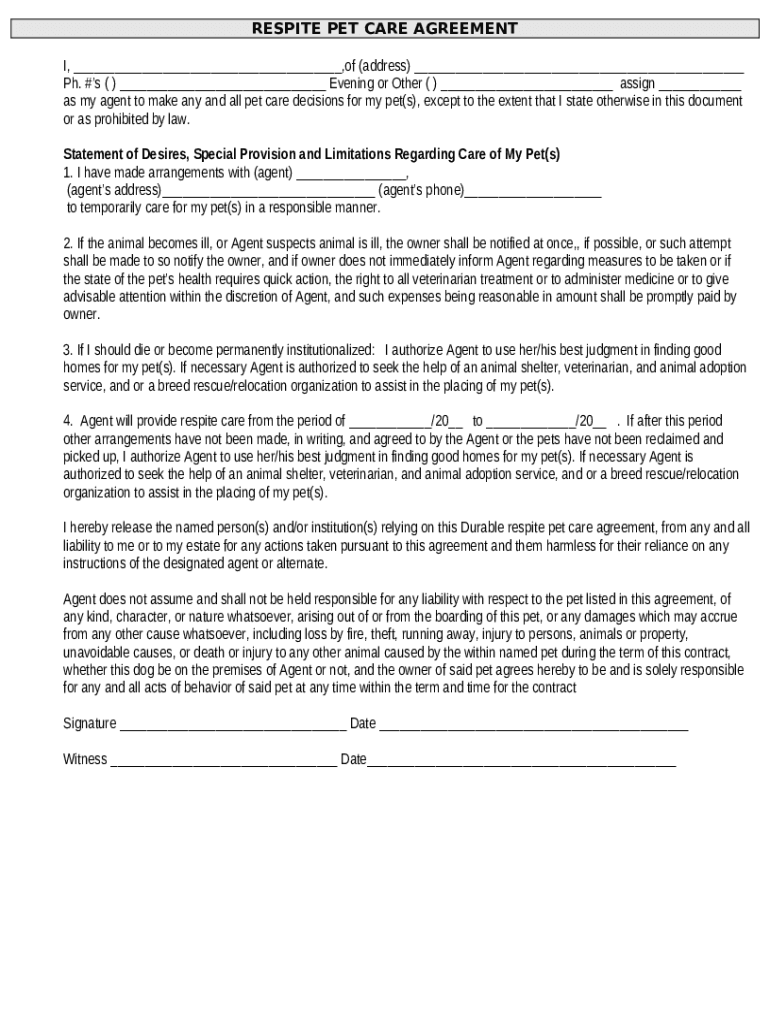 RESPITE PET CARE AGREEMENT Doc Template | pdfFiller