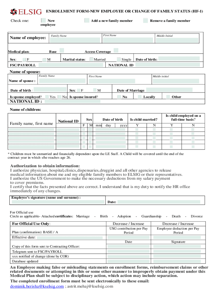 Fillable Online ENROLLMENT FORM-NEW EMPLOYEE OR CHANGE OF FAMILY STATUS ...