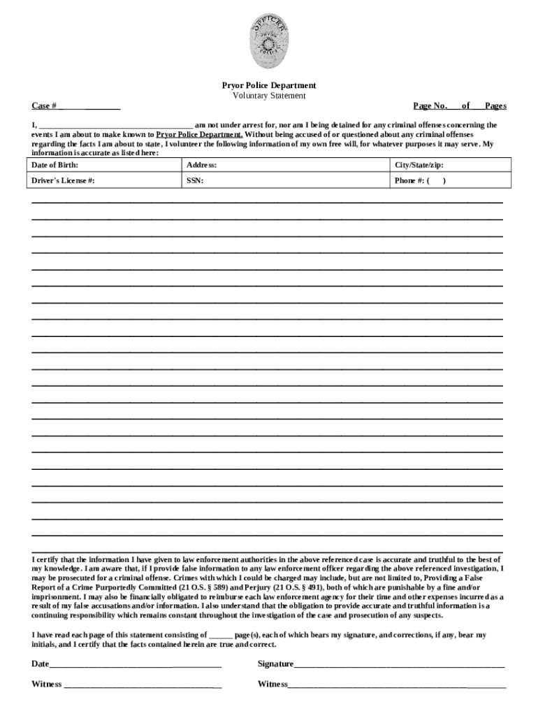 Pryor Police Department Doc Template | pdfFiller