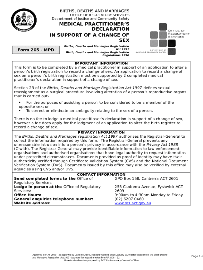 medical practitioner's declaration in support of a change of ... - legislation act gov Doc ...