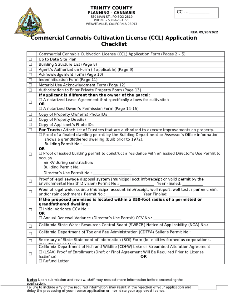 Commercial Cannabis Cultivation License (CCL) Application Checklist Doc Template | pdfFiller