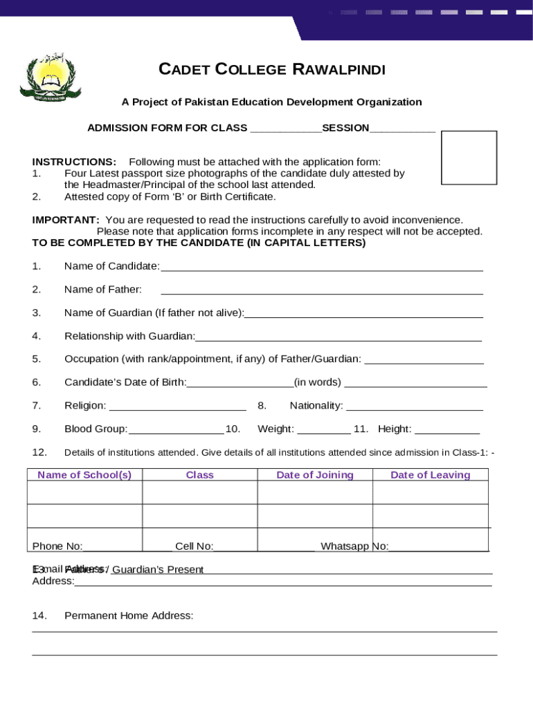 CADET COLLEGE ORMARA Admission for Class VIII Doc Template | pdfFiller