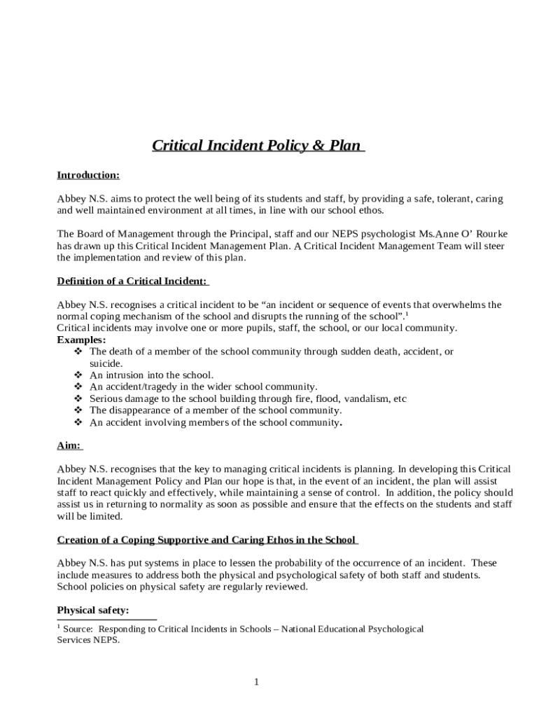 What is the purpose of a critical incident policy? Doc Template | pdfFiller
