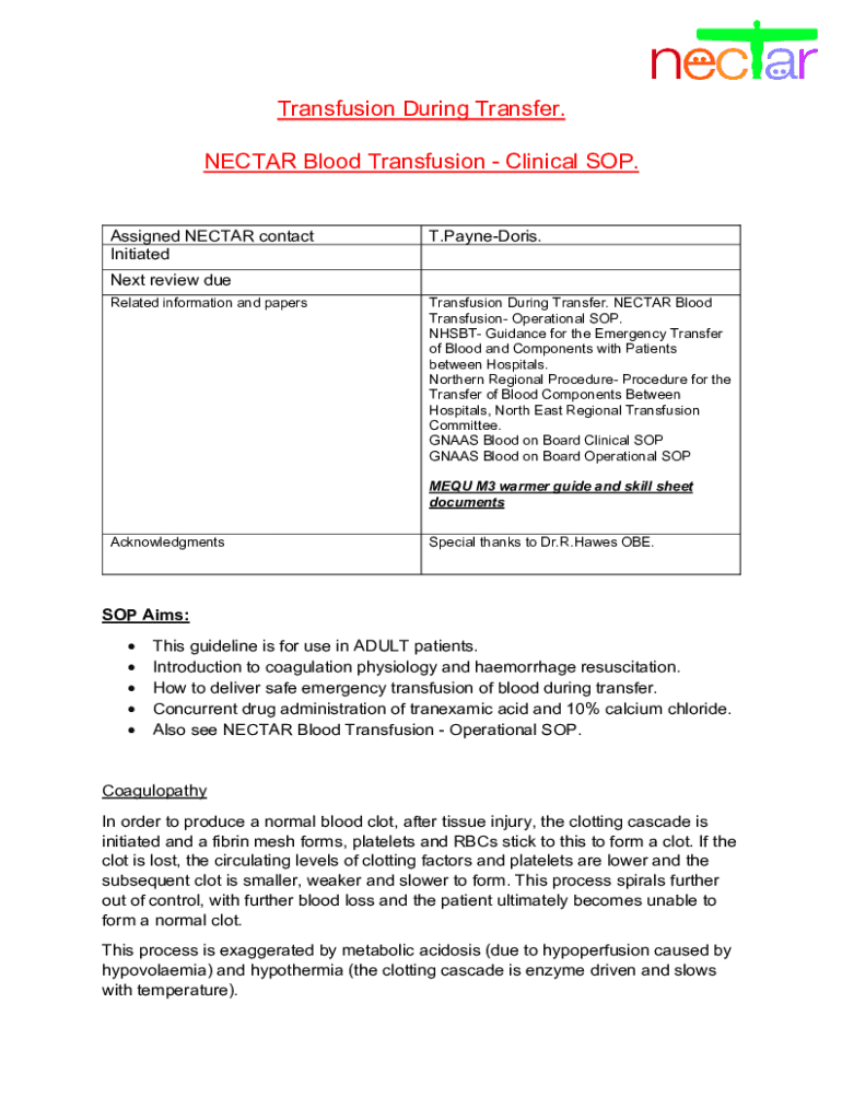 Fillable Online Transfusion During Transfer-Clinical SOP NECTAR.docx ...
