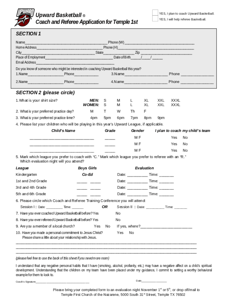 Upward Coaches Application - Basketball/Cheer Doc Template | pdfFiller