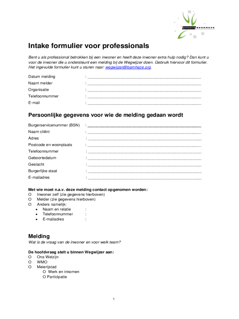 Invulbaar Online Intake formulier voor professionals Faxnummer Email ...