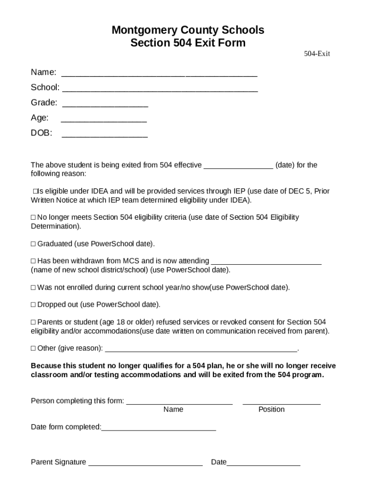 Montgomery County Schools Section 504 Exit Doc Template | pdfFiller