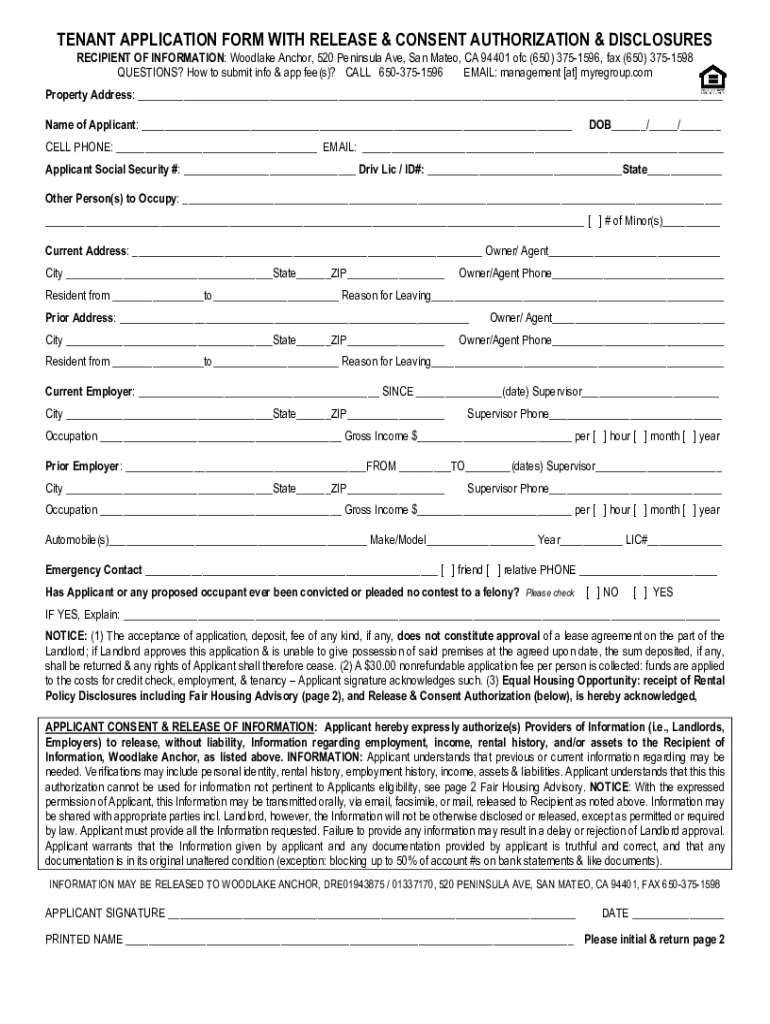 Fillable Online TENANT APPLICATION FORM WITH RELEASE & CONSENT ... Fax ...