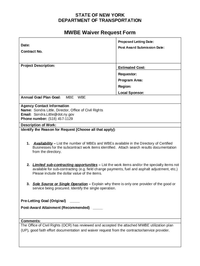 MWBE REQUEST FOR WAIVER Doc Template | pdfFiller