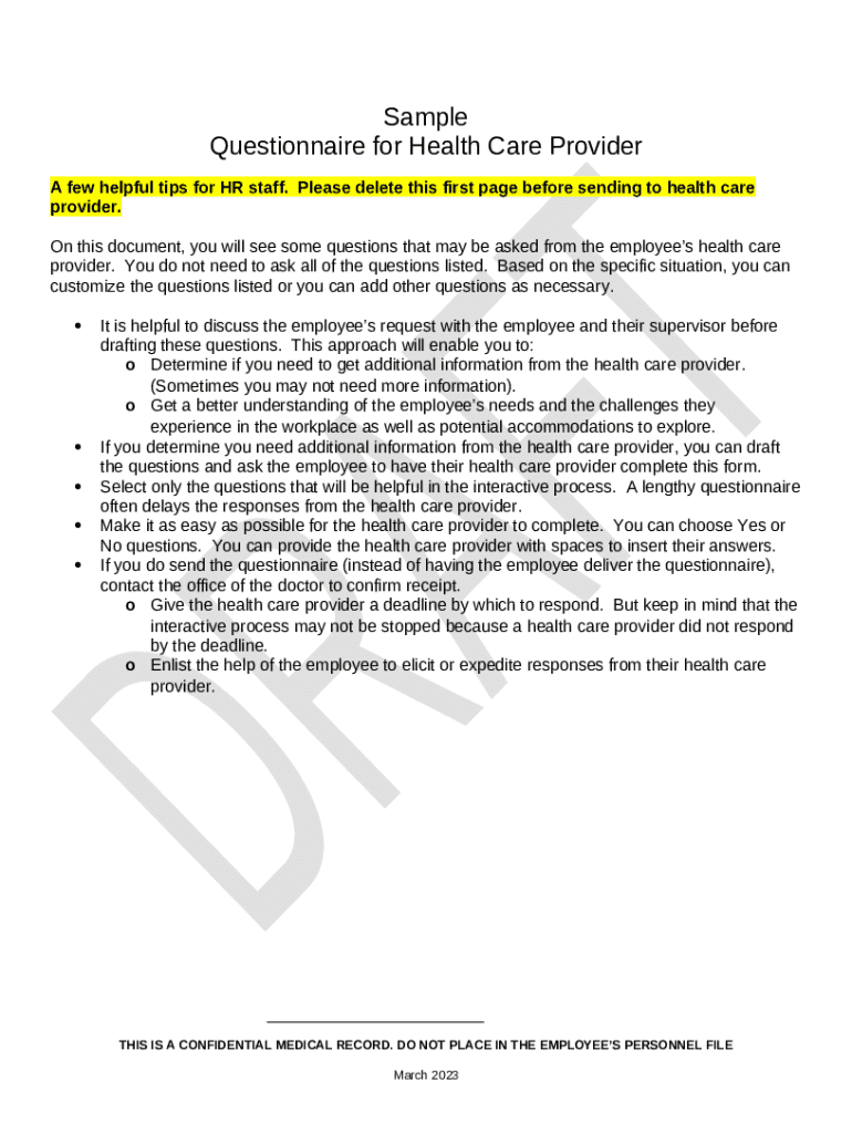 Sample Questionnaire to Healthcare Provider Doc Template | pdfFiller