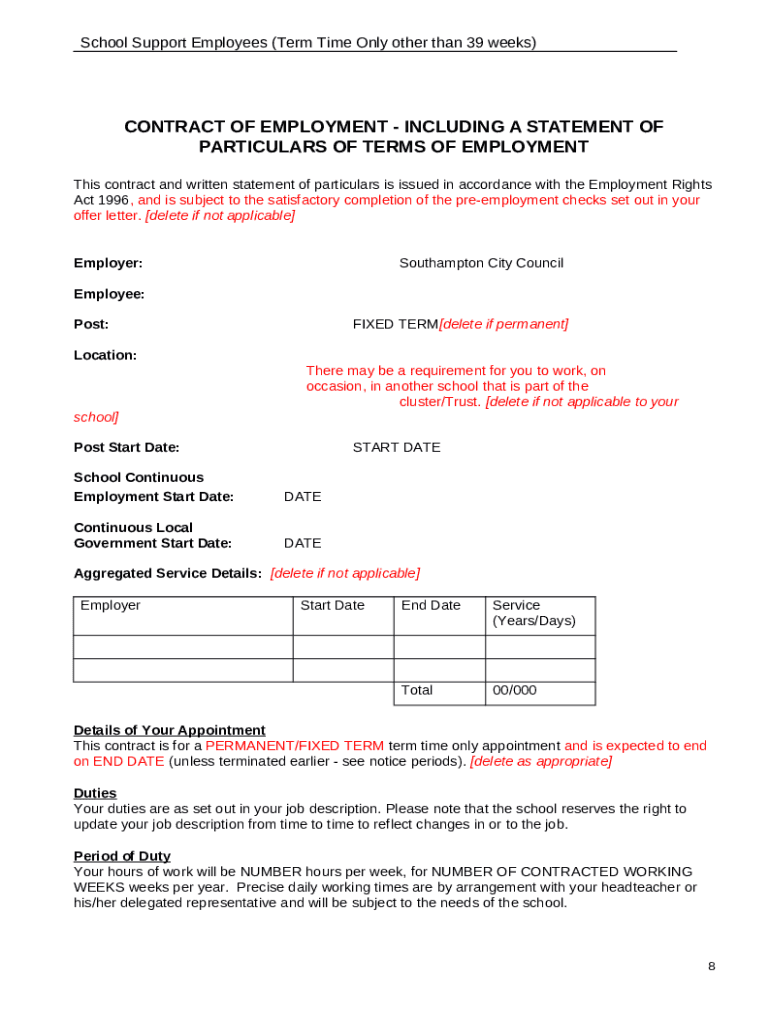 Template Statement Of Particulars Of Employment Doc Template | pdfFiller