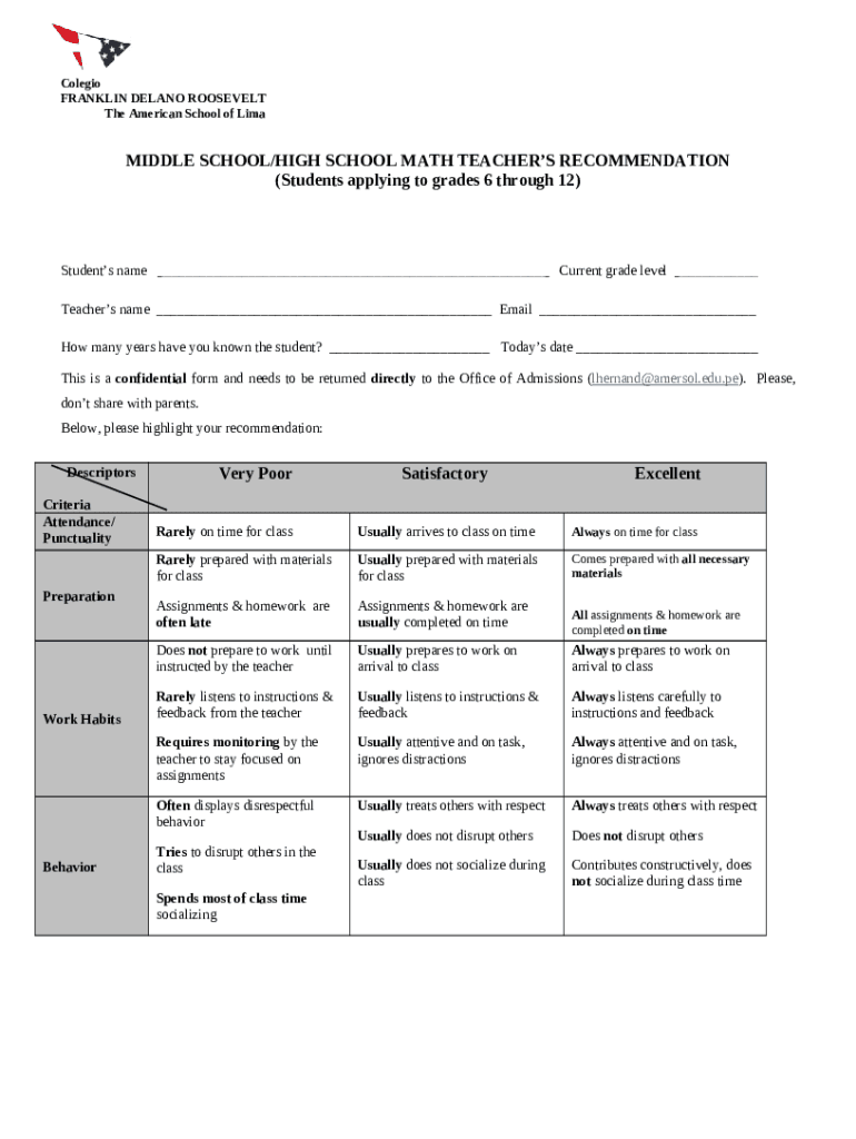 TEACHER-COUNSELOR RECOMMENDATION (Students entering Grades 6 through 12 ...